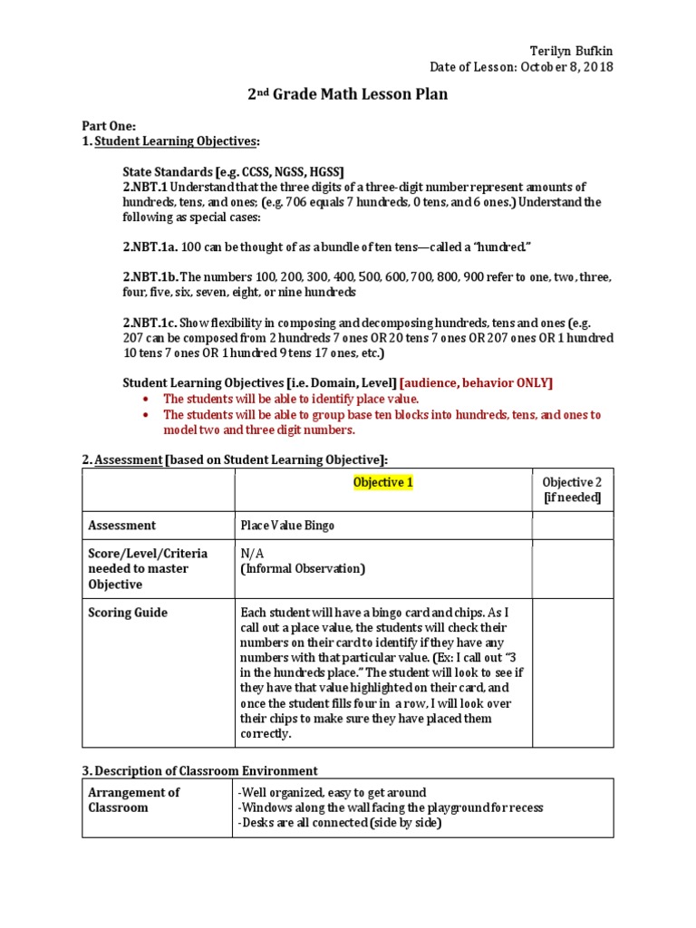 2nd Grade Math Lesson Plan 3-Digits PDF | PDF | Classroom | Learning