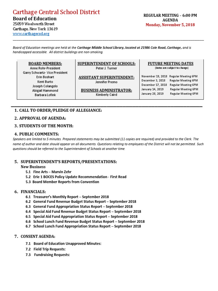 Carthage Central School District Board of Education Agenda Nov. 5 | PDF ...