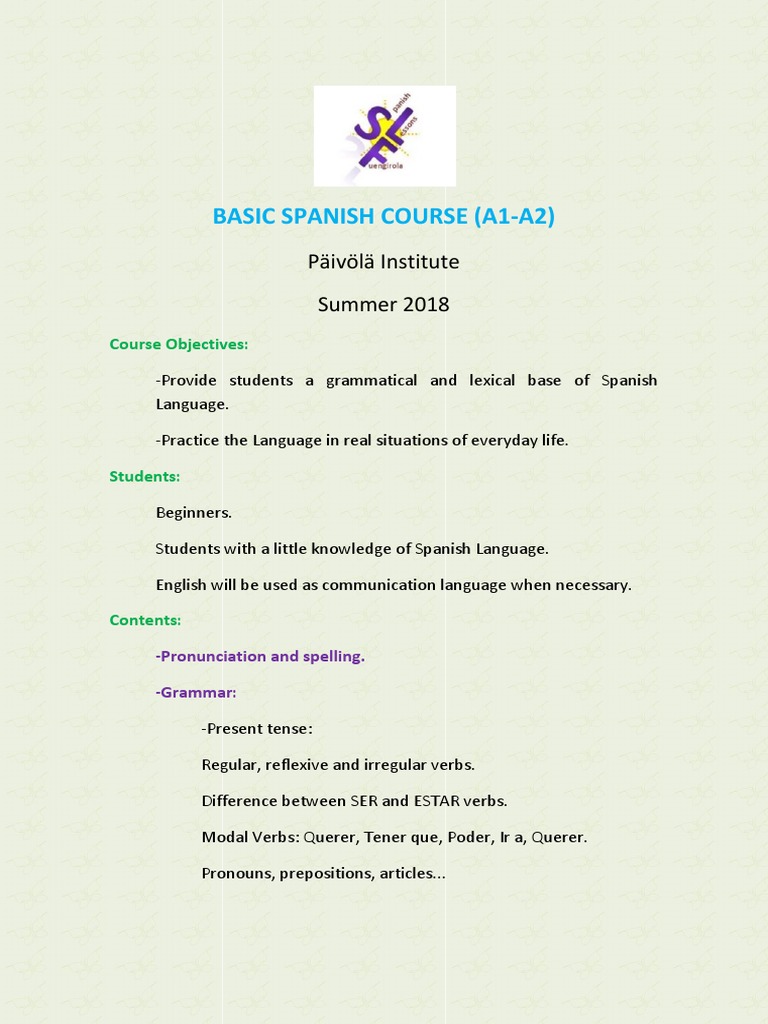 Basic Spanish Course (A1-A2) : Päivölä Institute Summer 2018 | PDF ...