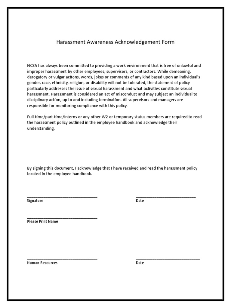 Harassment Awareness Acknowledgement Form | PDF
