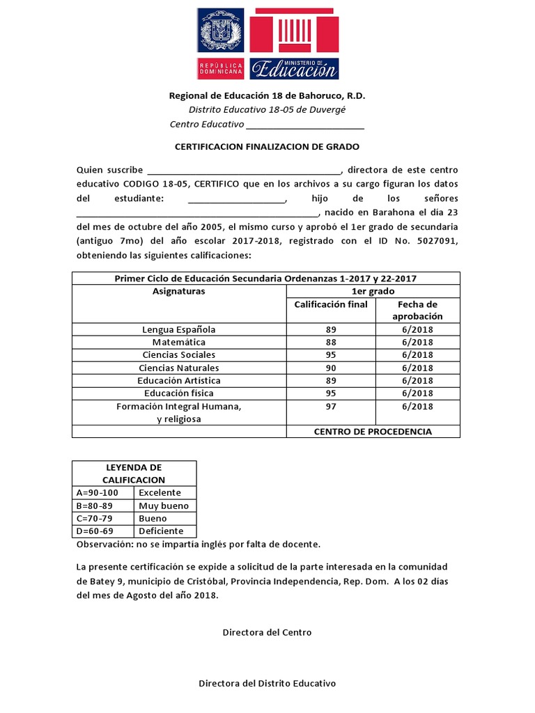 Certificacion de Finalizacion de Grado Escolar Modelo | PDF