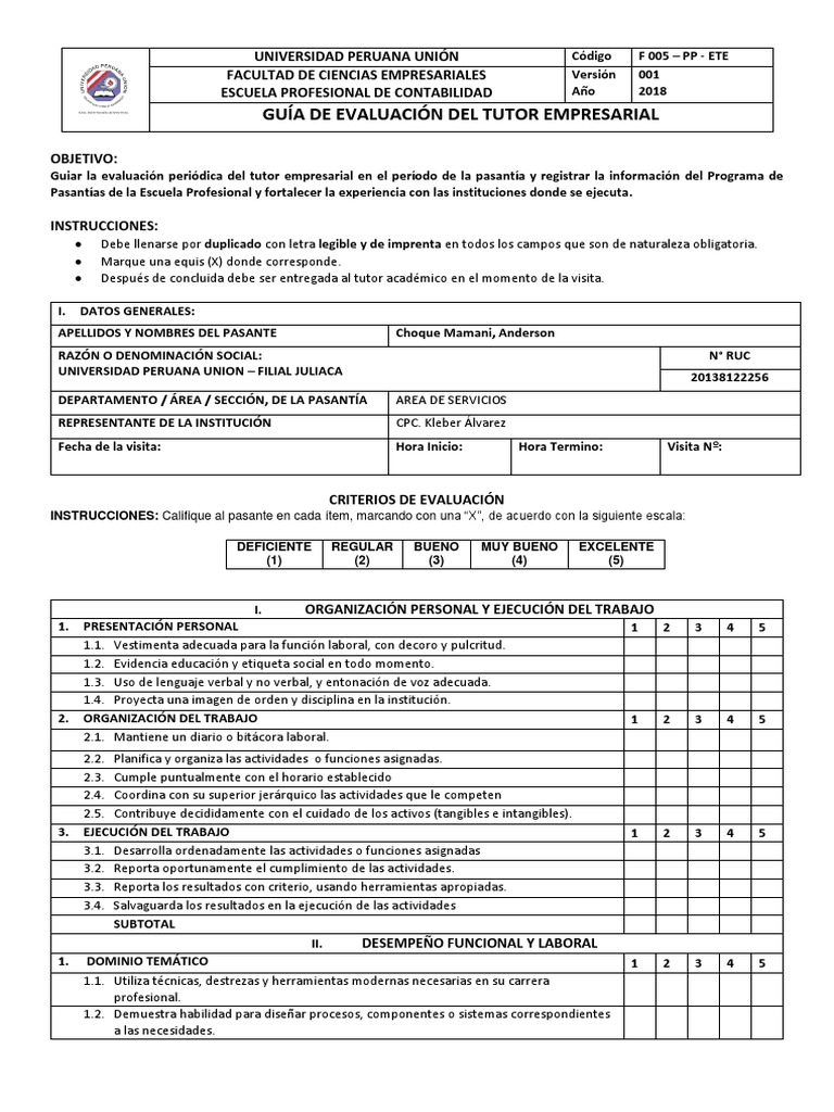 FORMATO 03 Evaluación Del Tutor Empresarial | PDF | Sicología | Ciencia cognitiva