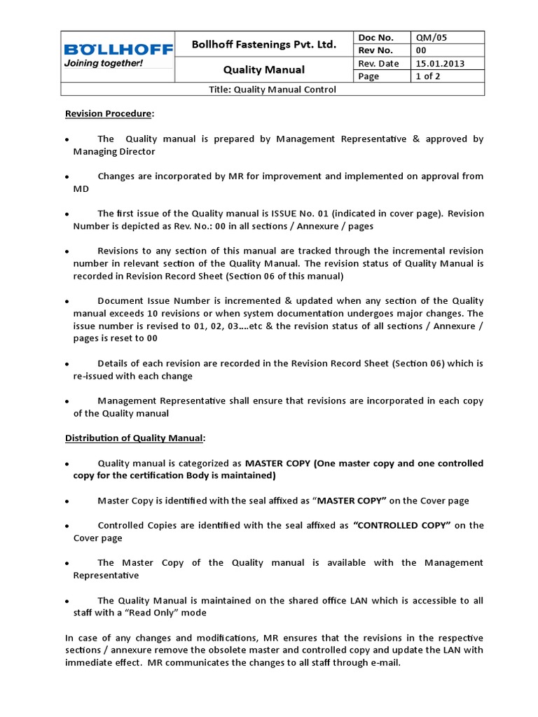 Bollhoff Fastenings Pvt. Ltd. Quality Manual: Doc No. Rev No | PDF ...