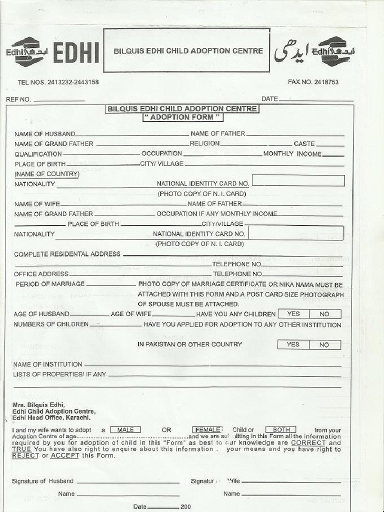 Child Adoption Form Edhi | Download Free PDF | Family | Society