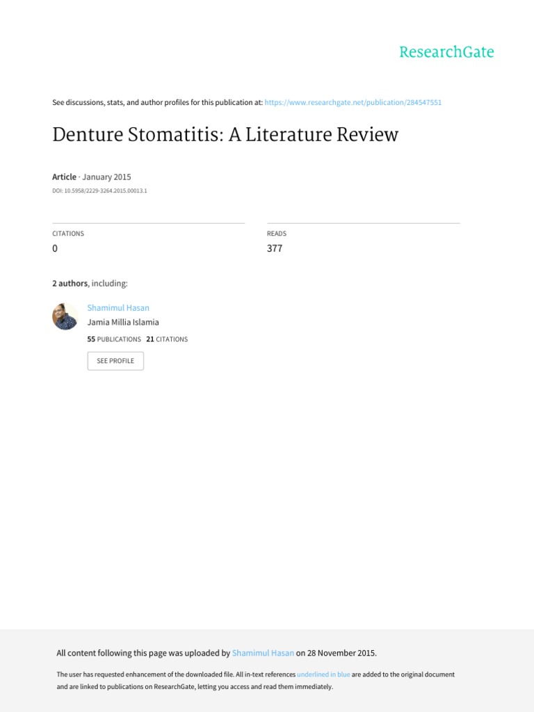 Denture Stomatitis: Causes and Management | PDF | Dentures | Candidiasis
