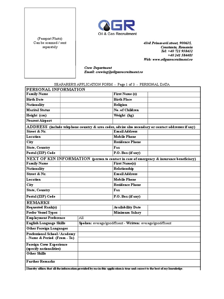 Oil Gas Recruitment Seafarer Application Form | PDF | Sailor | Travel Visa