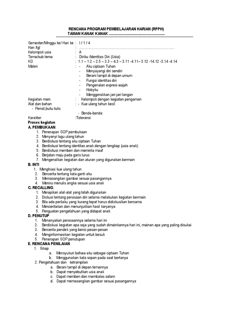 RPPH Tema Diriku Subtema Identitas Diri (Usia) | PDF