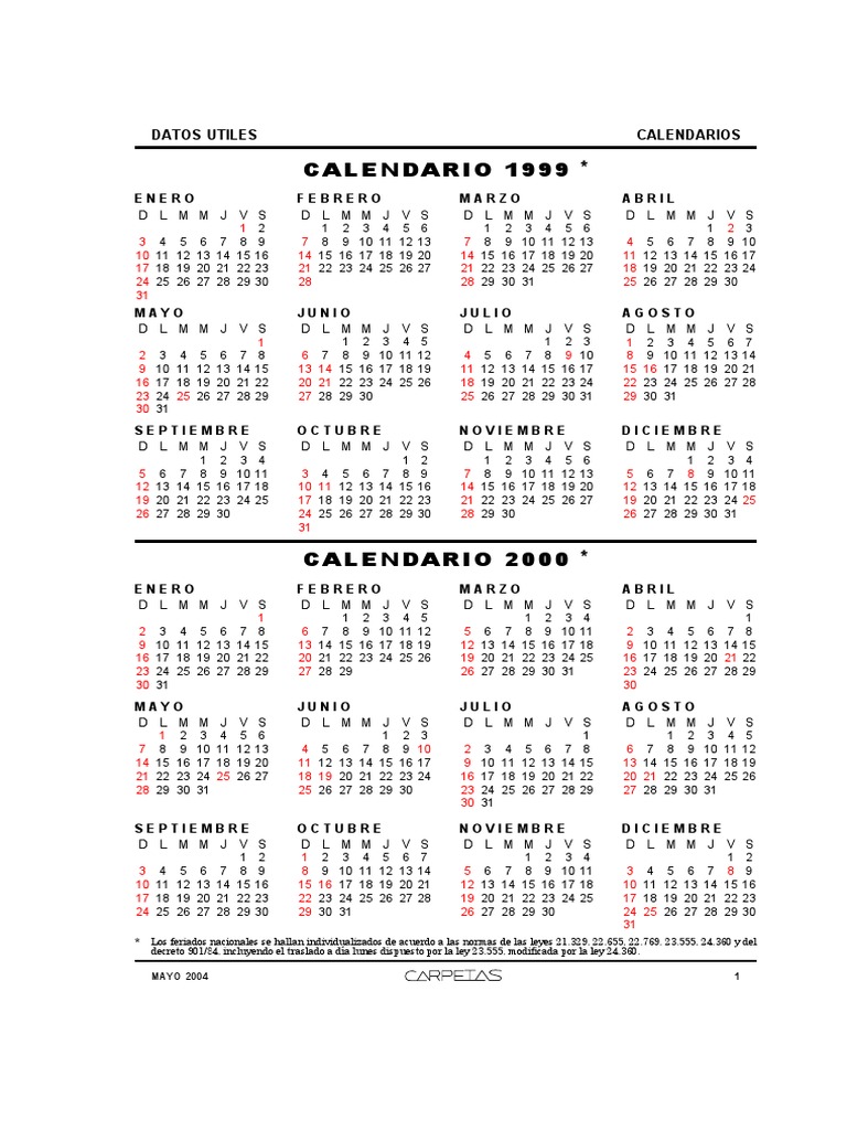 Calendarios anuales 1999 y 2000 con días festivos señalados | PDF ...