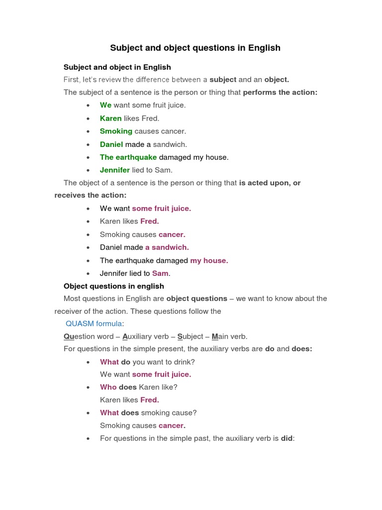 Subject and Object Questions Explained | PDF | Verb | Question