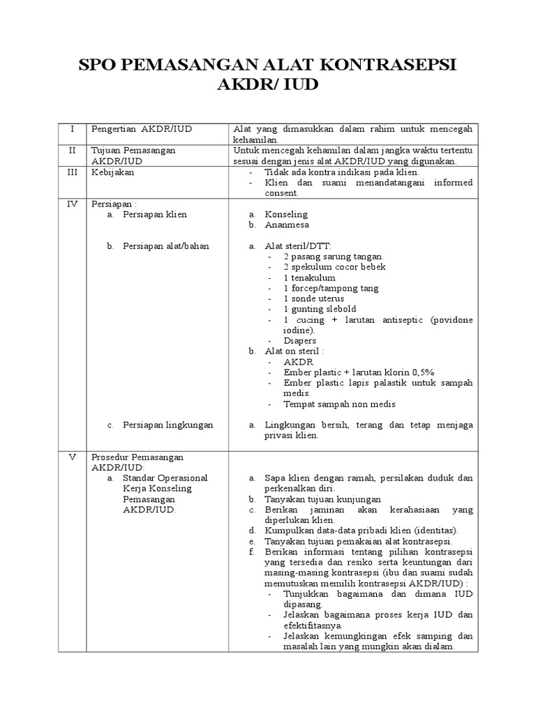 Spo Pemasangan Alat Kontrasepsi Akdr/ Iud | PDF