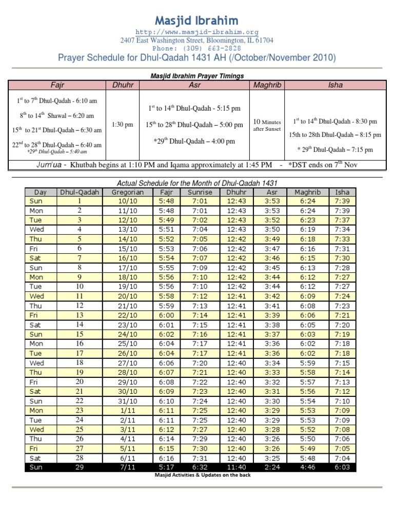 Dhul Qada 1431 Prayer Schedule | PDF | Theocracy | Islamic Jurisprudence