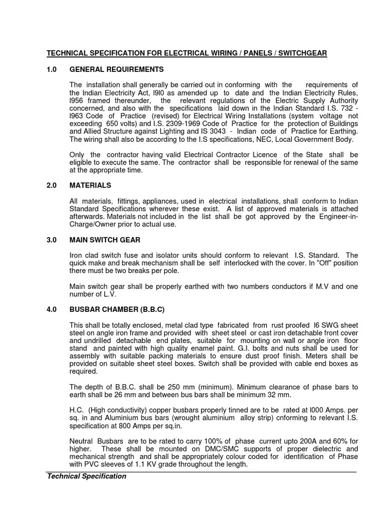 Technial Specification of Panel .Wiring, Switchgear | PDF | Electrical Wiring | Electrical Connector