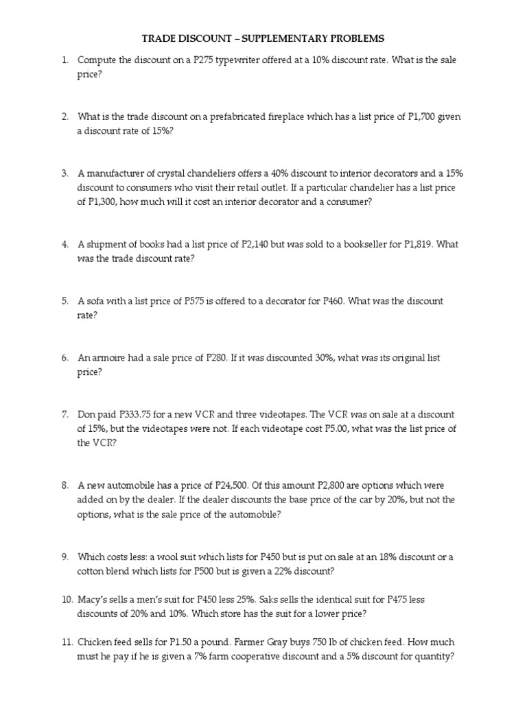 Trade Discount - Supplementary Problems | PDF | List Price | Retail
