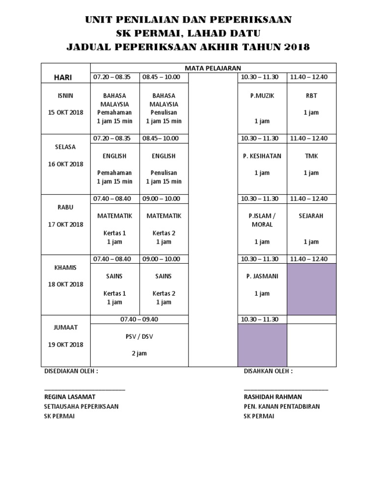 Unit Penilaian Dan Peperiksaan SK Permai, Lahad Datu Jadual Peperiksaan ...