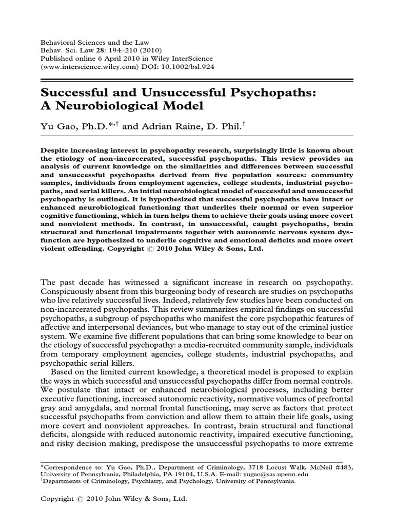 Raine 2010 Psychopaths and Brain | PDF | Psychopathy | Antisocial ...