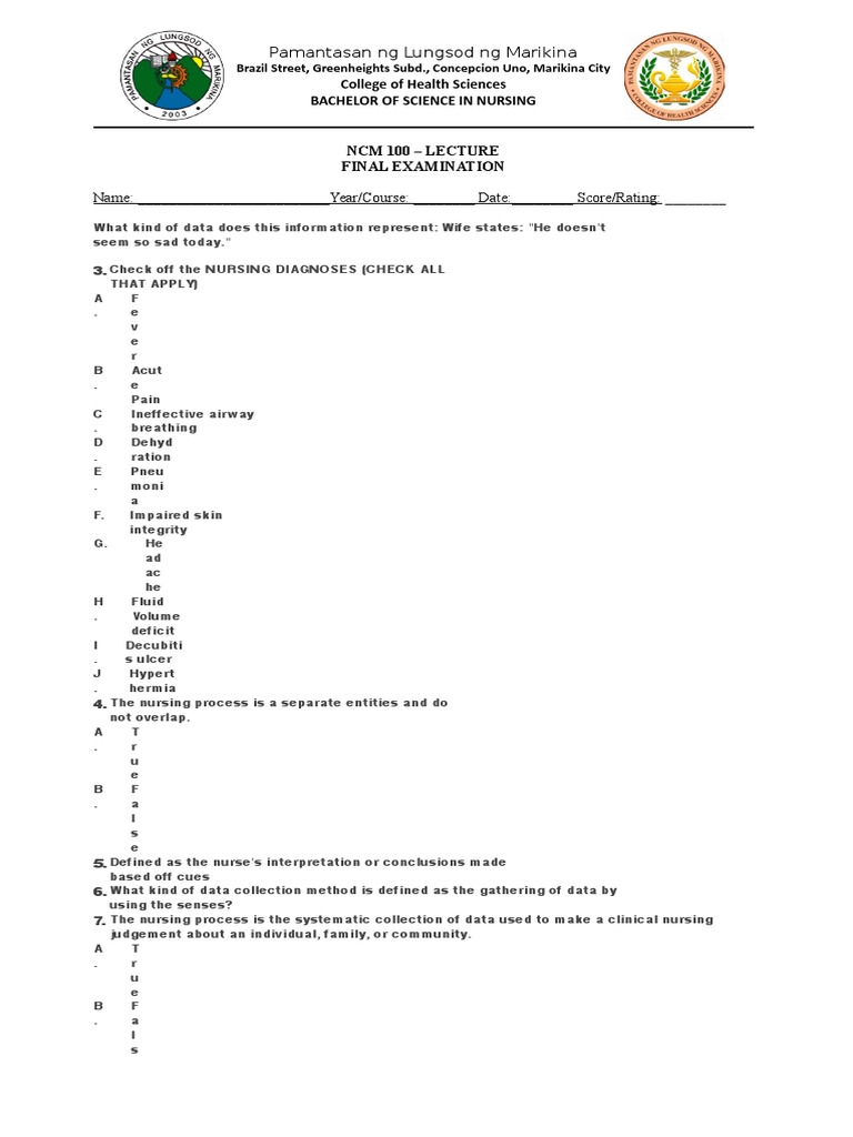 Final Exam NCM 100 | PDF | Nursing | Health Care