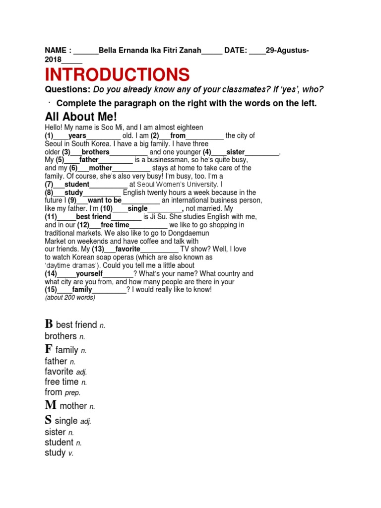 Introductions: All About Me! | PDF | Language Arts & Discipline | Wellness