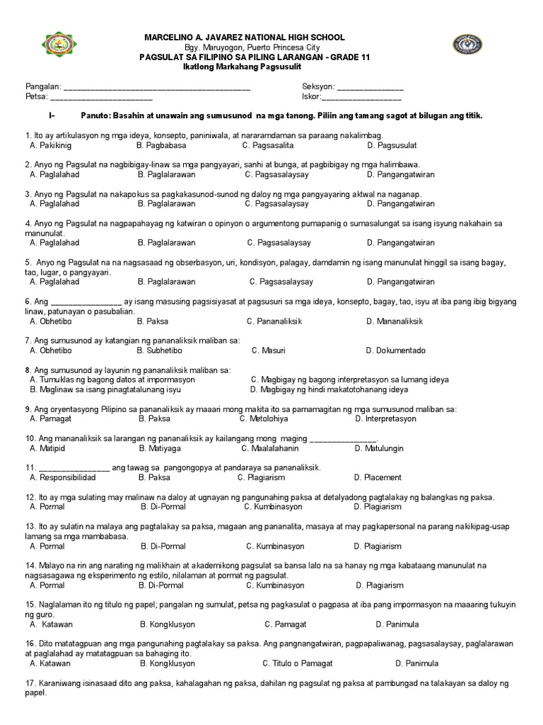 Exam Grade 11 Filipino | PDF