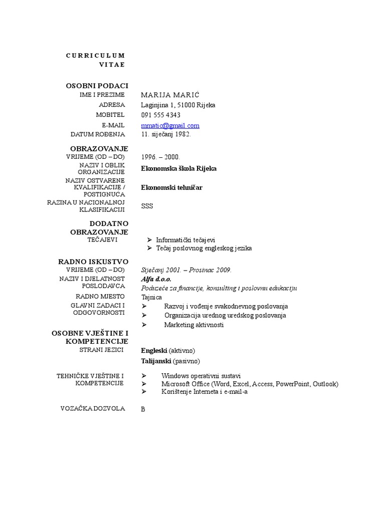 Zaposlise-Eu-Primjer Zivotopis Biografija Curriculum Vitae Cv2 | PDF