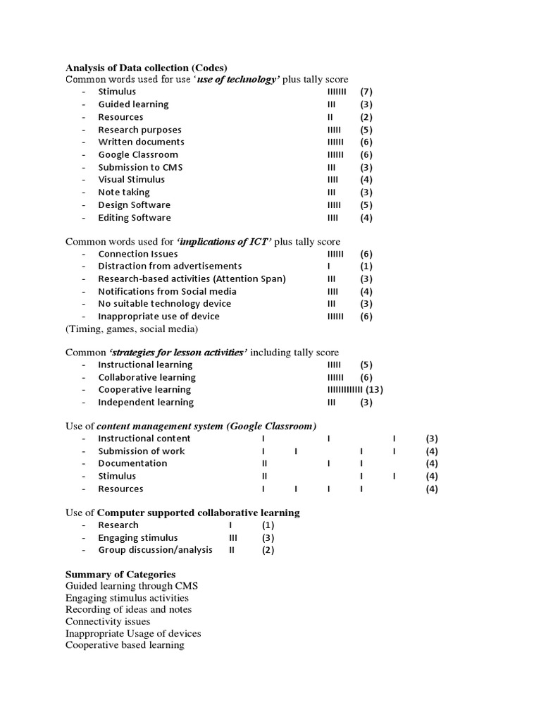Analysis of Data Collection (Codes) | PDF | Educational Technology ...