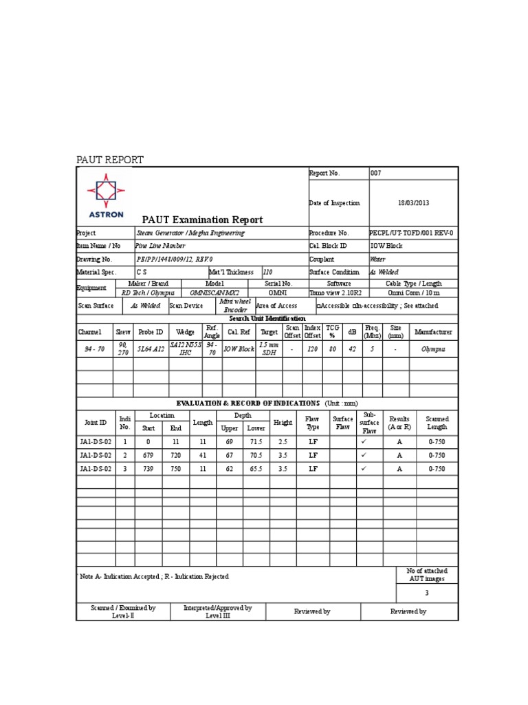 PAUT Examination Report for Steam Generator Pine Line Number at Megha ...