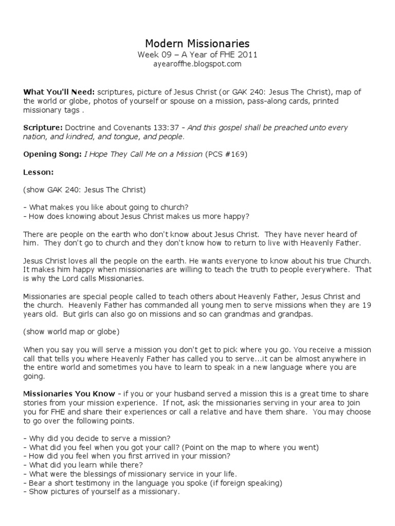 2011 Wk09 Missionaries | PDF | Missionary (Lds Church) | God The Father