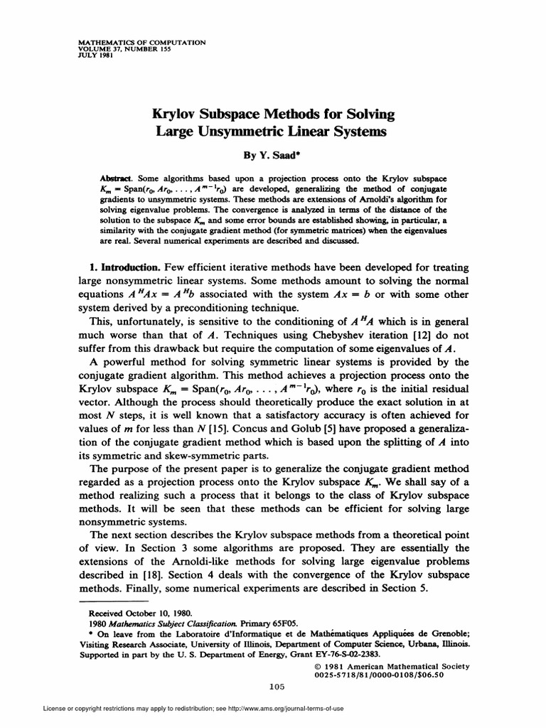 Krylov Subspace Methods For Solving Large Unsymmetric Linear Systems (Saad) | PDF ...