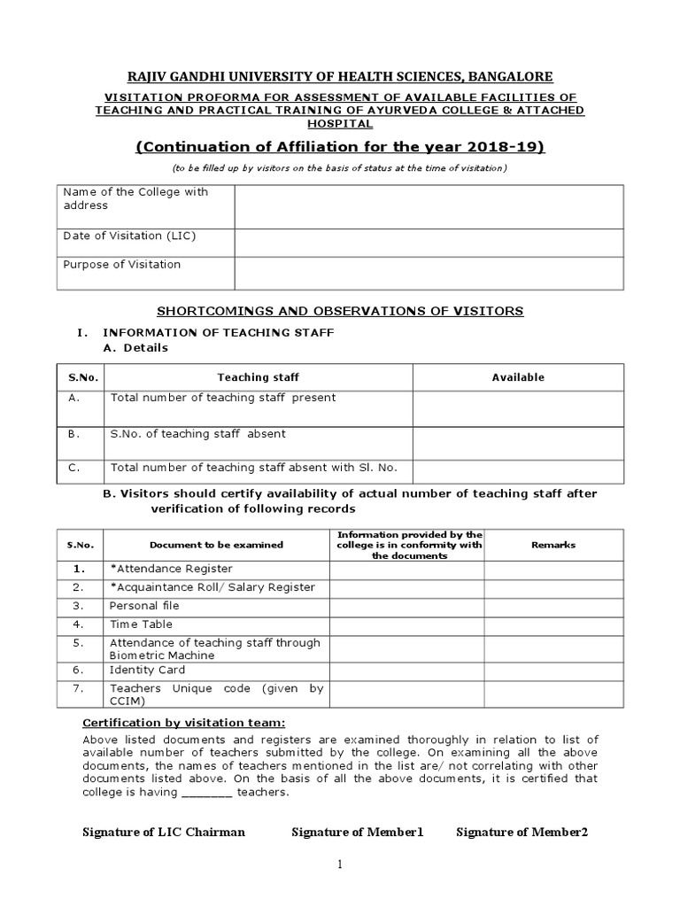 Ayurveda Lic Inspection Format For Continuation of Affiliation For The ...