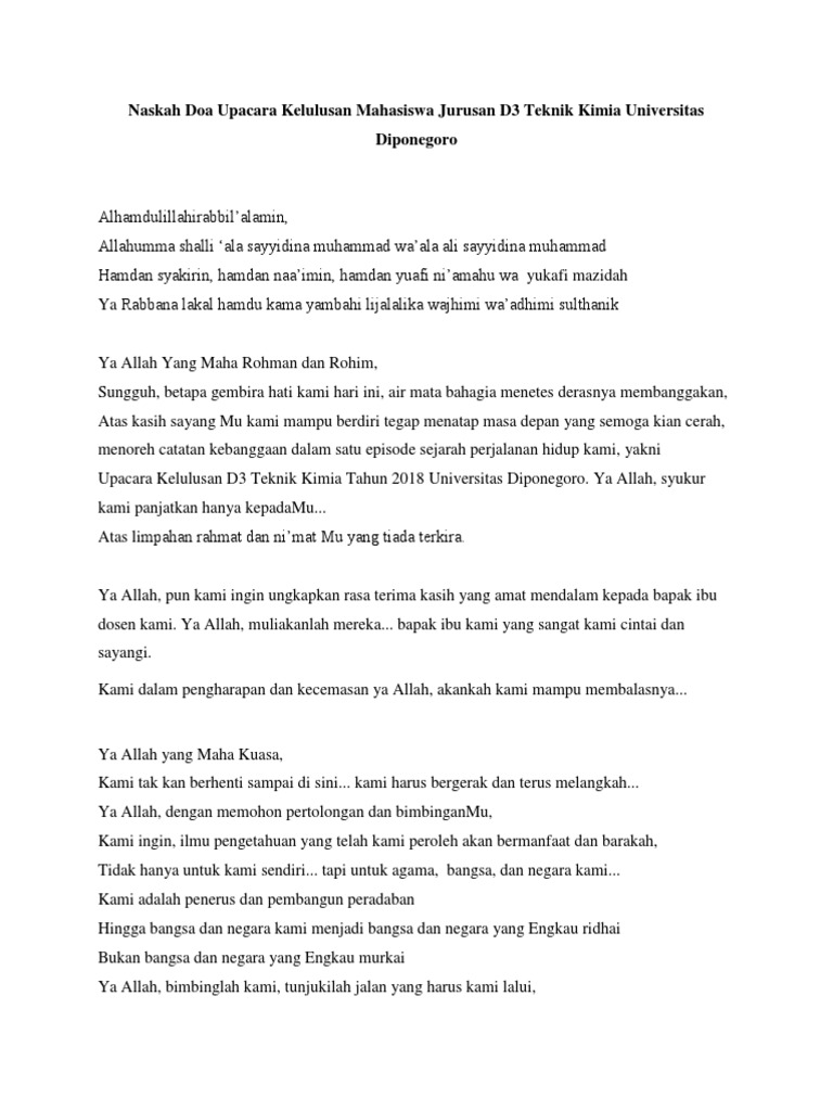 Naskah Doa Upacara Kelulusan Mahasiswa Jurusan D3 Teknik Kimia ...