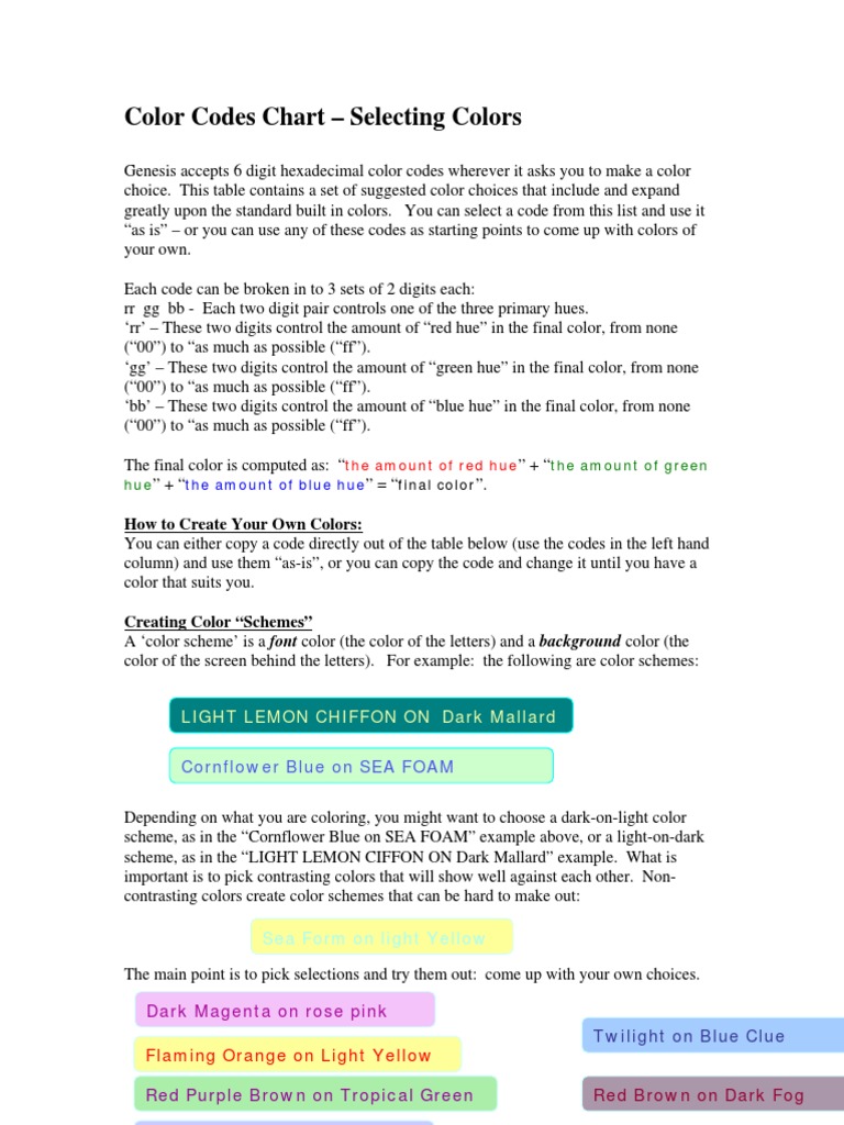 Color Codes Chart | PDF | Blue | Green