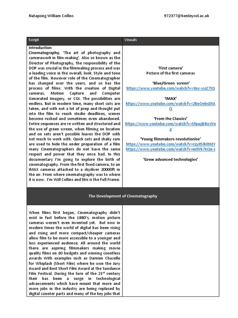 Cinematography. The Art of Photography And: Script Visuals | PDF ...