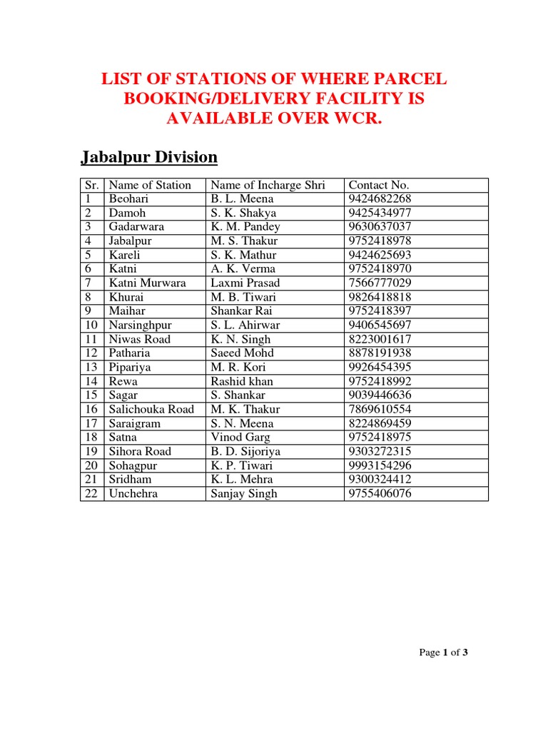 List of Stations of Where Parcel Booking/Delivery Facility Is Available ...