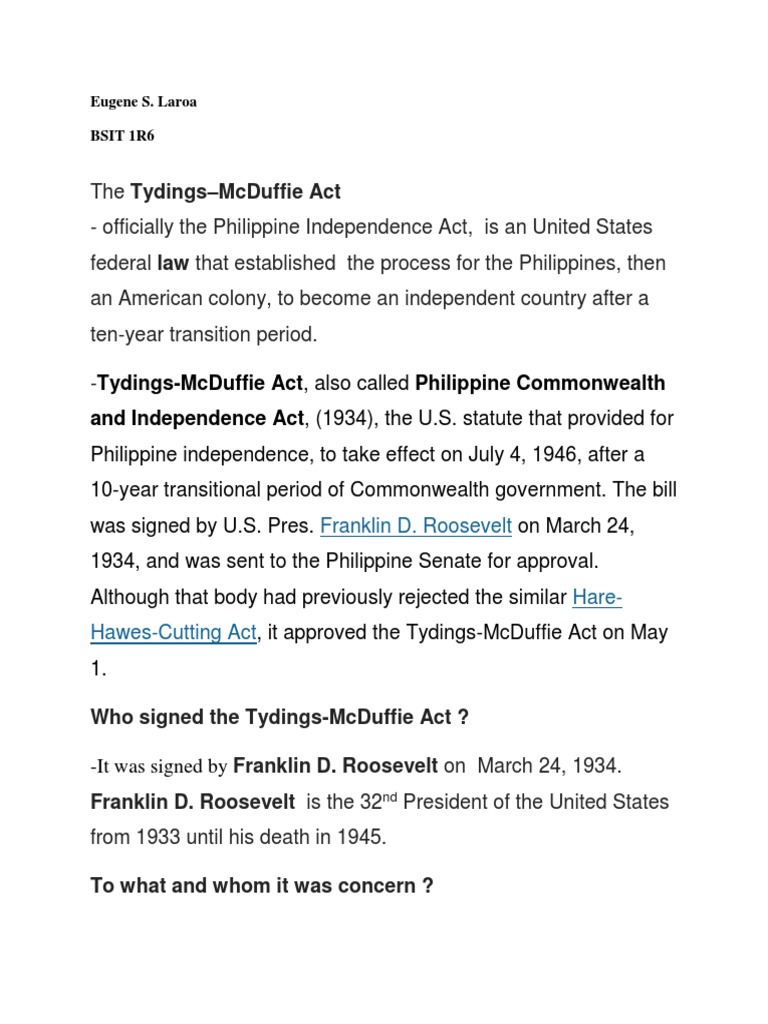 Tydings McDuffie Act 1934 Report | PDF | Politics