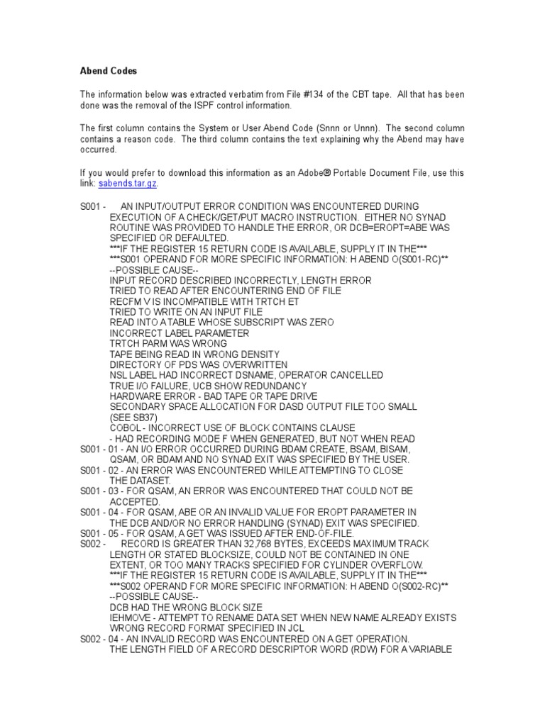 Abend Codes: Sabends - Tar.gz | Download Free PDF | Subroutine | Computer Data Storage