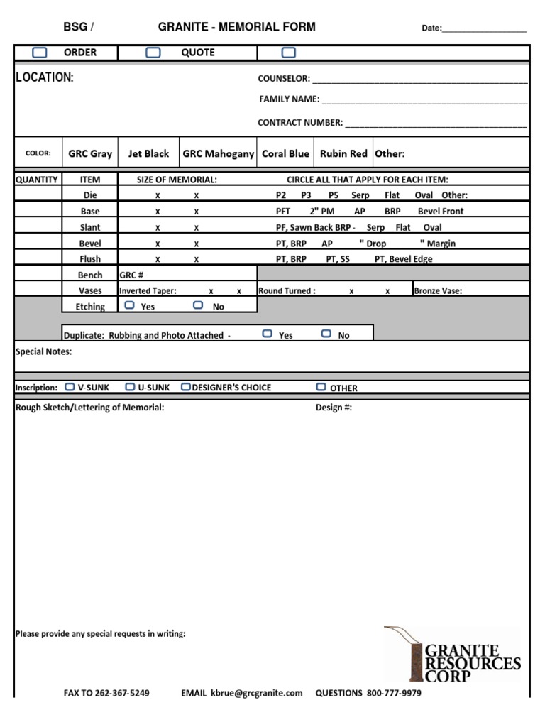 Location:: BSG / 7 (&6721 (Granite - Memorial Form Order Quote Yhkdt/D ...