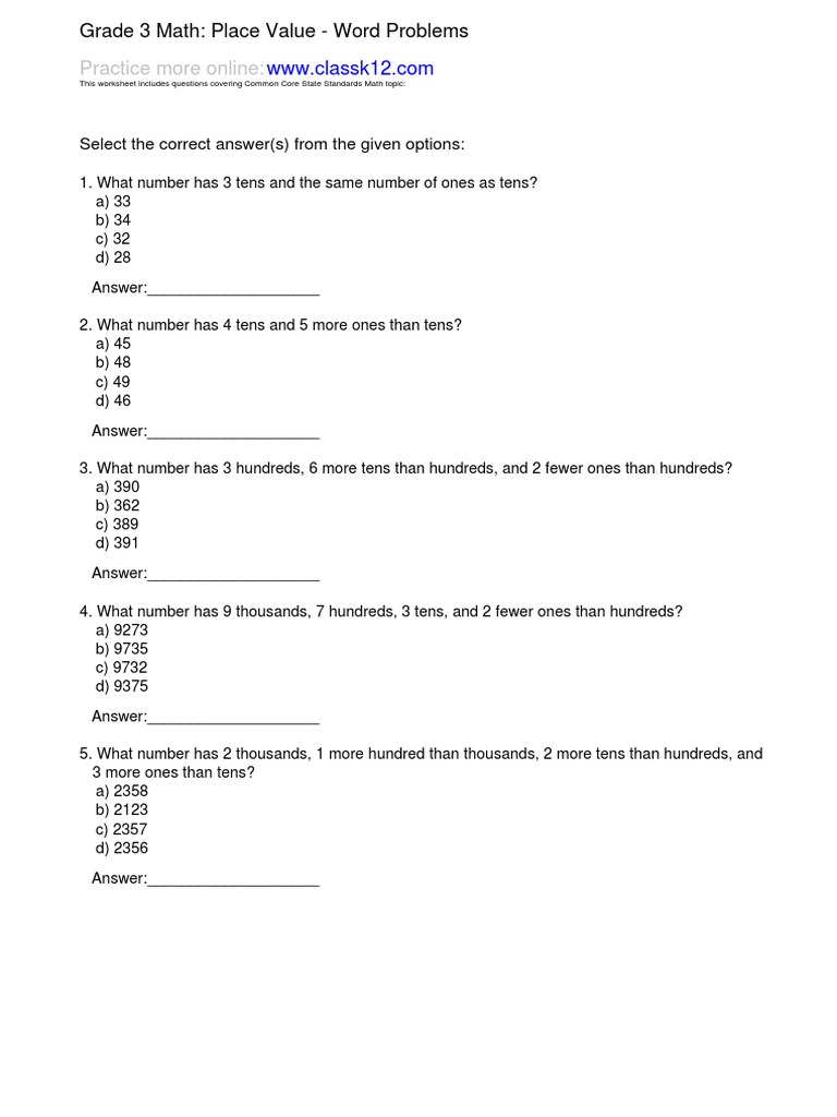 Grade 3 Math Math Place Value Word Problems Classk12 | PDF | Teaching ...