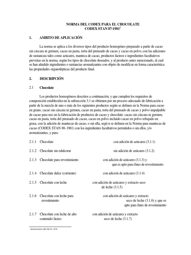 Norma Del Codex para El Chocolate CODEX STAN 87-1981 1. Ambito de ...