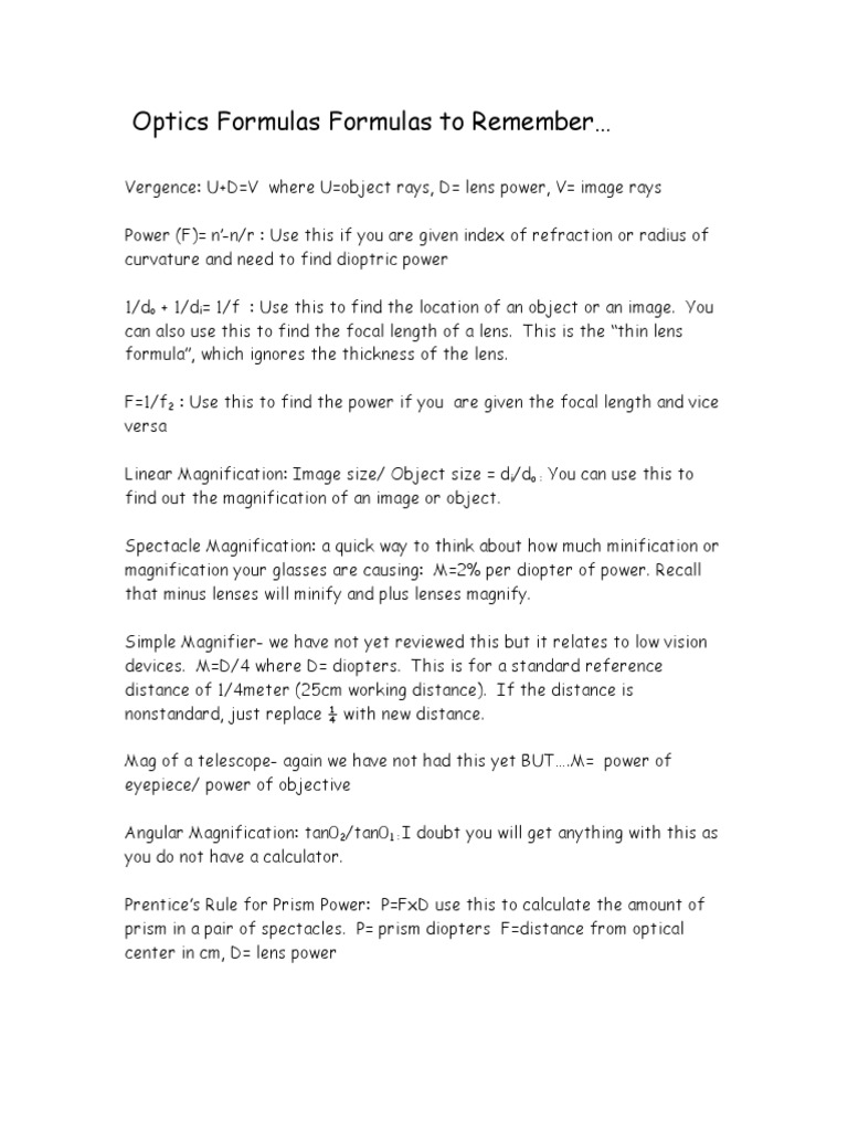 Optics Formulas Formulas Remember Okap Review 1945 1945 | PDF