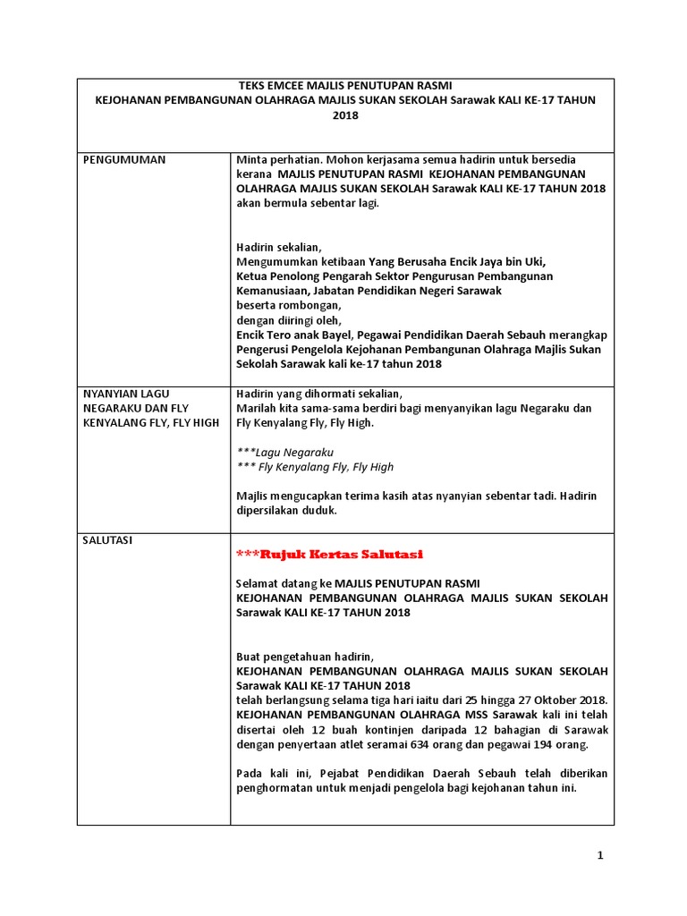 Skrip Emcee Sukan Pembangunan MSS Sarawak 2018 | PDF