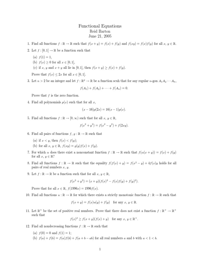 Reid Barton - Functional Equations PDF | Download Free PDF | Number Theory | Function (Mathematics)
