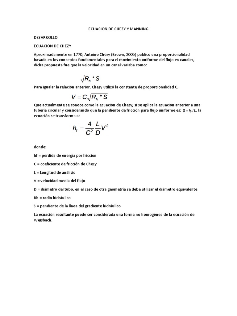 Ecuacion de Chezy y Manning | PDF | Fórmula | Ecuaciones