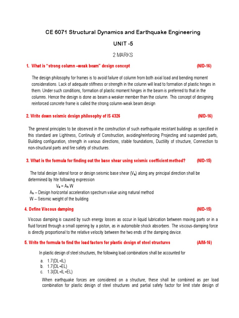 Ce6071 Structural Dynamics and Earthquake Engineering Unit V | PDF ...