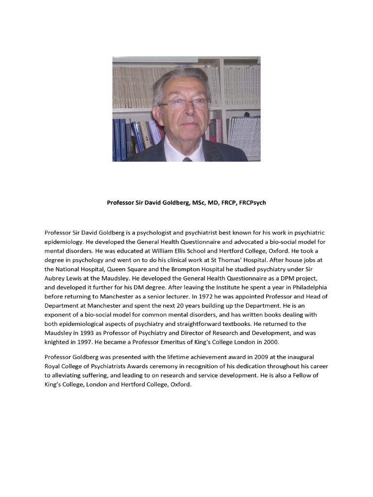Professor Sir David Goldberg, MSC, MD, FRCP, Frcpsych | PDF