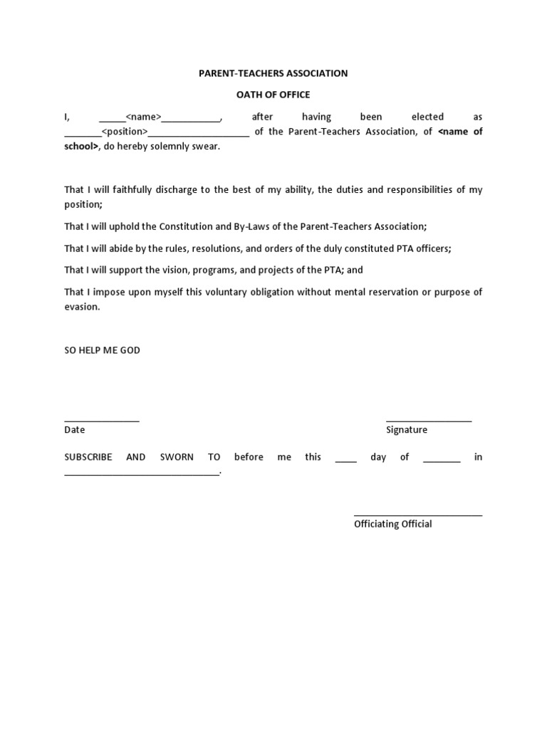Parent-Teachers Association Oath of Office | PDF