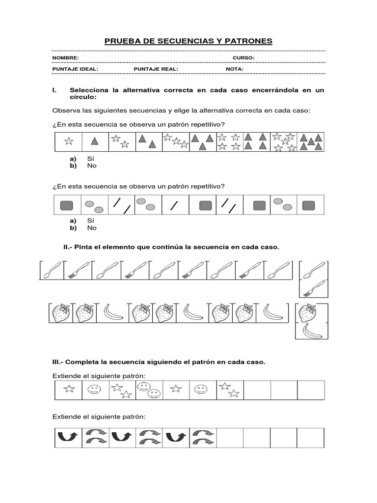 1basico Prueba de Patrones y Secuencias | Descargar gratis PDF ...