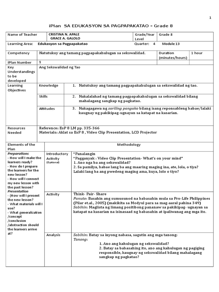Iplan No. 1 Sa Esp 8 Bohol Division | PDF