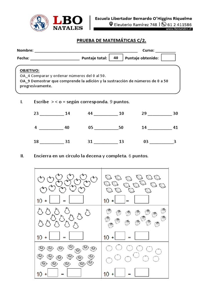 Prueba de Matemáticas de Primero Básico. | PDF