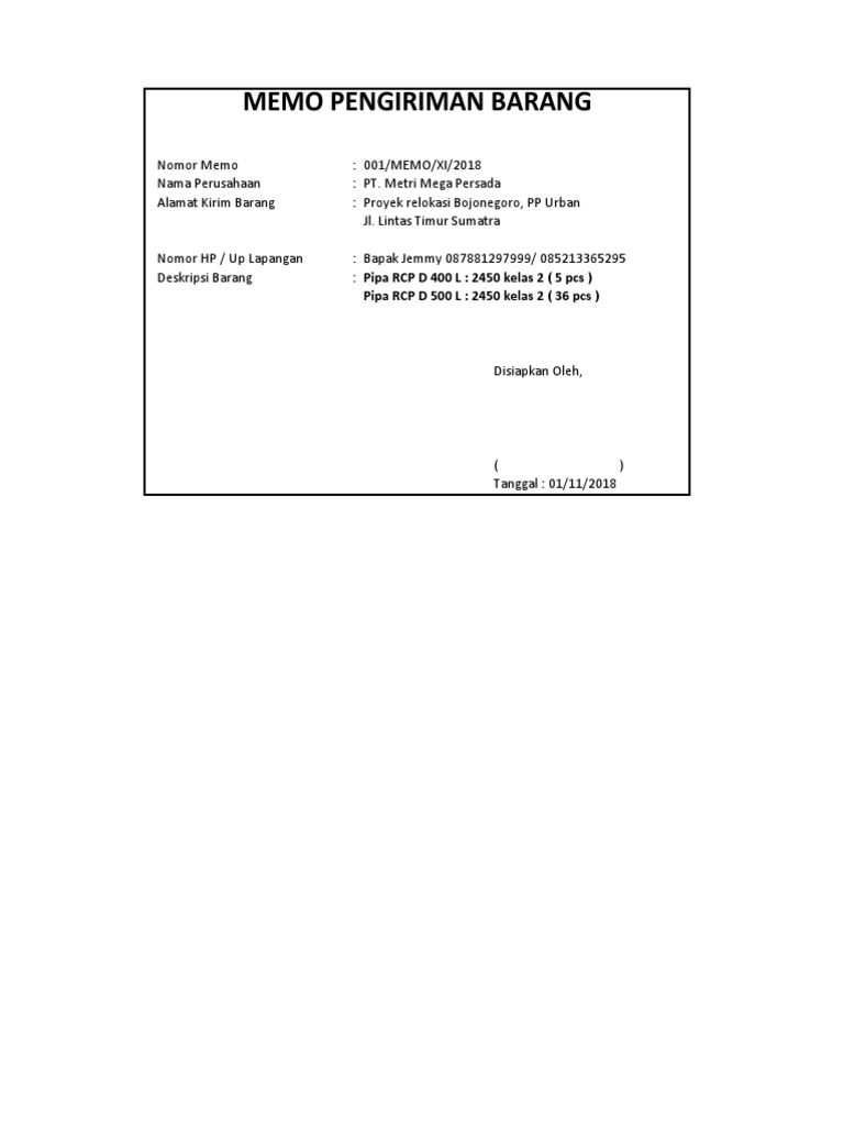 Memo Pengiriman Barang Proyek Bojonegoro | PDF