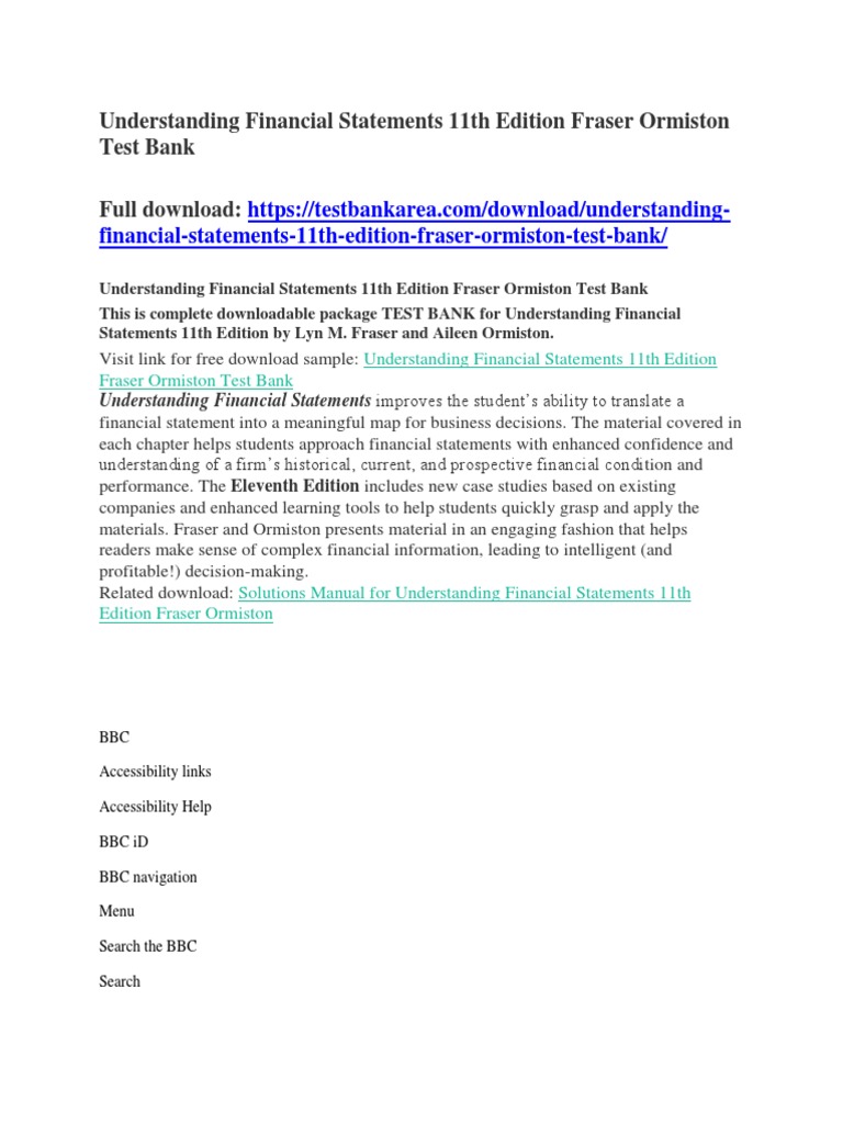 Understanding Financial Statements 11th Edition Fraser Ormiston Test ...