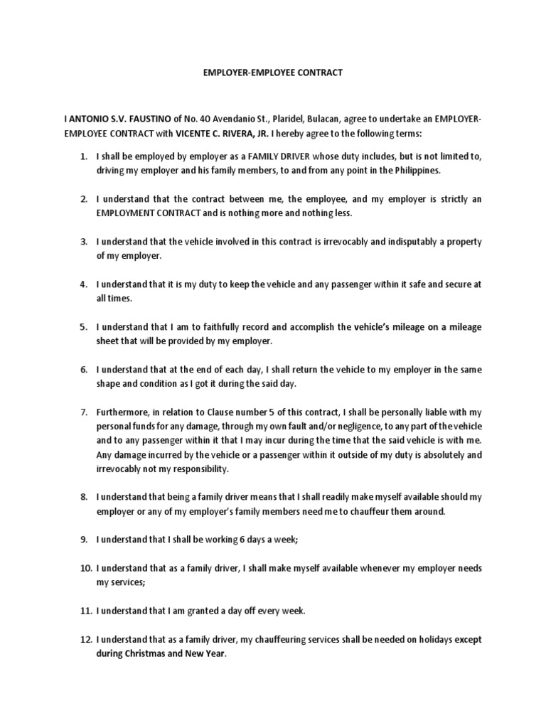 Employer Employee Contract Driver | Employment | Salary